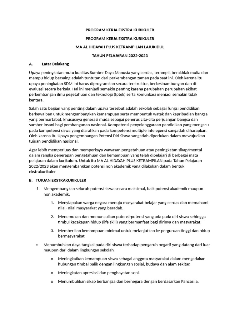 Program Kerja Ekstra Kurikuler | PDF