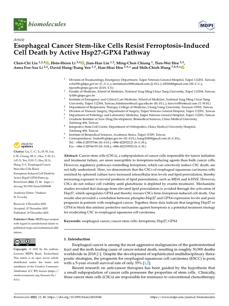 Esophageal CSCs Resist Ferroptosis Induced Cell Death by Active Hsp27GPX4 Pathway | PDF ...