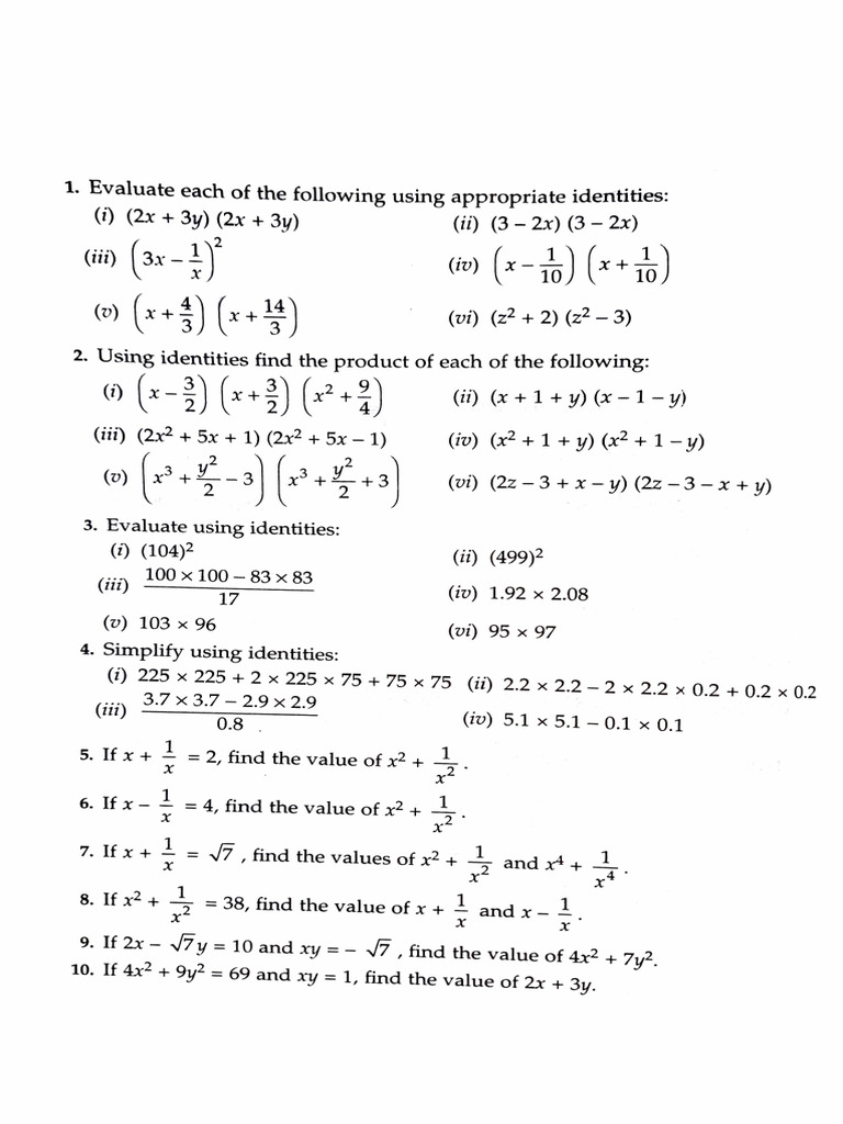 Algebraic Identities and Evaluations Guide | PDF