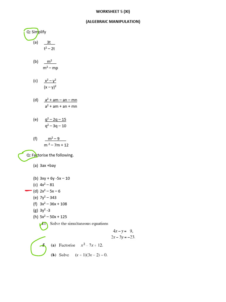 Algebraic Manipulation Worksheet | PDF
