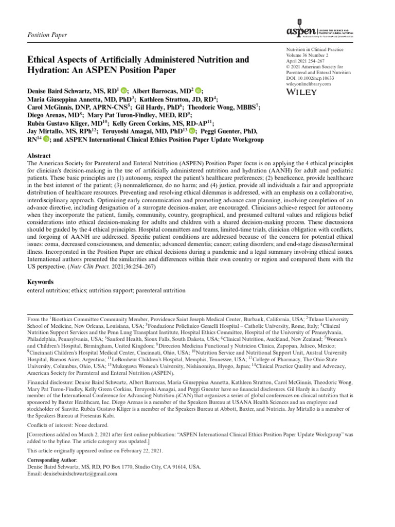Nut in Clin Prac - 2021 - Schwartz - Ethical Aspects of Artificially Administered Nutrition and ...