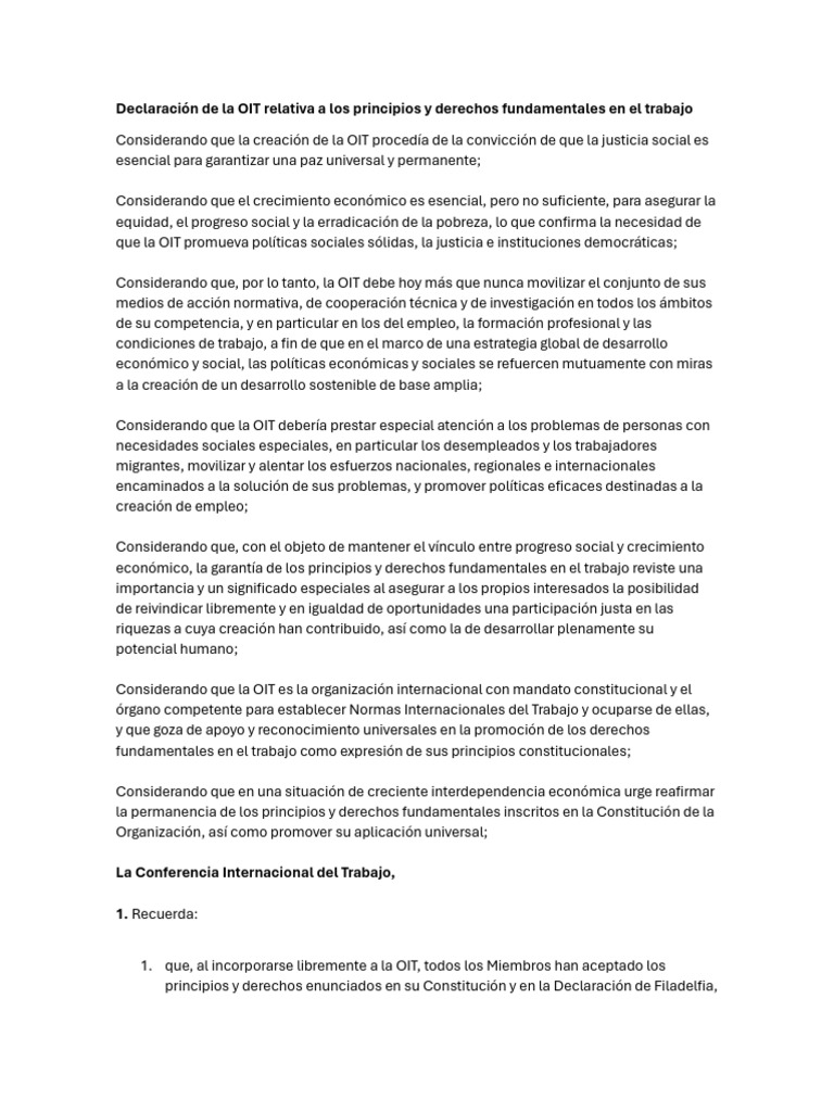 Declaración de La OIT Relativa A Los Principios y Derechos ...