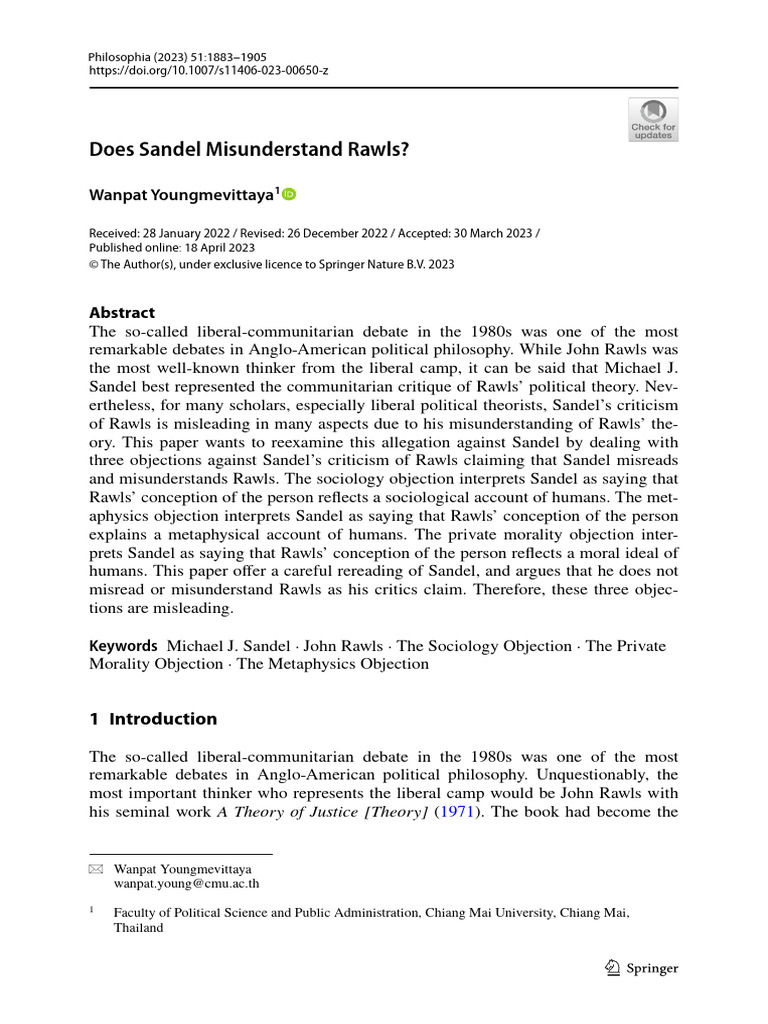 Youngmevittaya (2023) Does Sandel Misunderstand Rawls - For Canvas | PDF | Justice | Crime ...