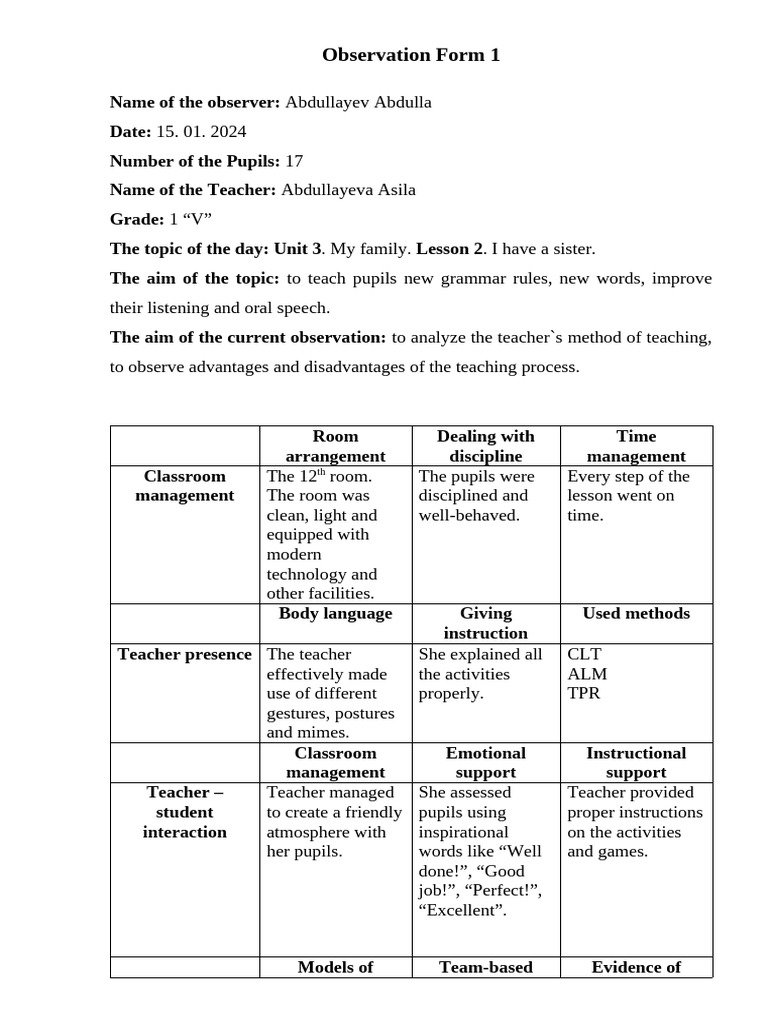 Observation Form (Sample) | PDF | Teachers | Communication