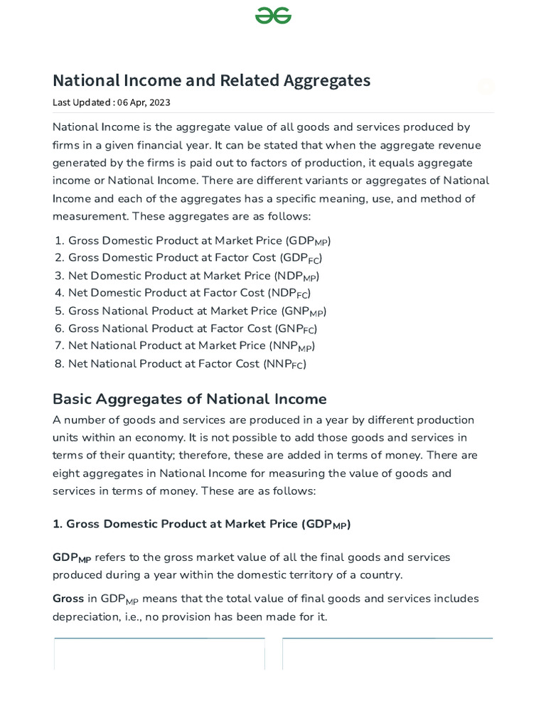 National Income and Related Aggregates - GeeksforGeeks | PDF | Gross ...