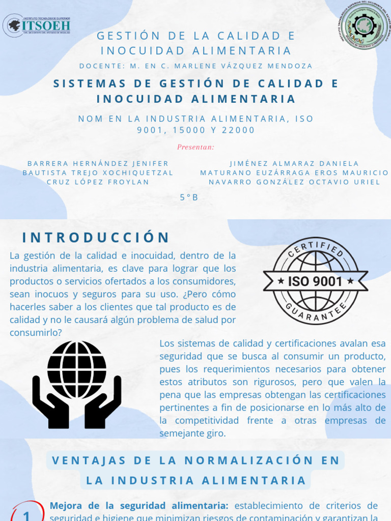 Ventajas, NOM, ISO 9001, 15000, 22000 5°B | PDF | Seguridad alimenticia ...
