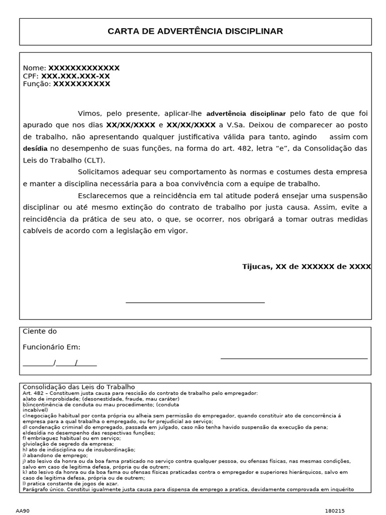 Modelo Carta de Advertência Disciplinar - Falta | PDF | Justiça | Crime ...
