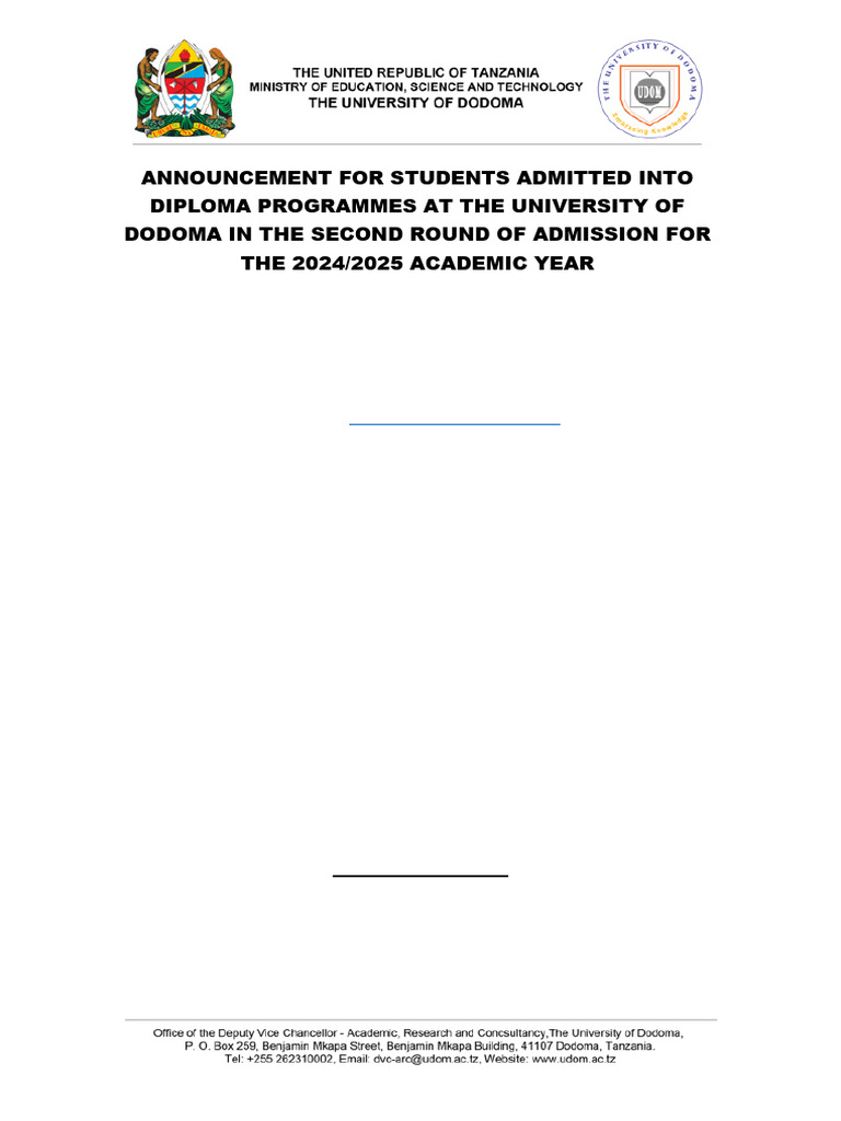 UDOM Diploma Advert Second Round 2024-2025 Academic Year | PDF