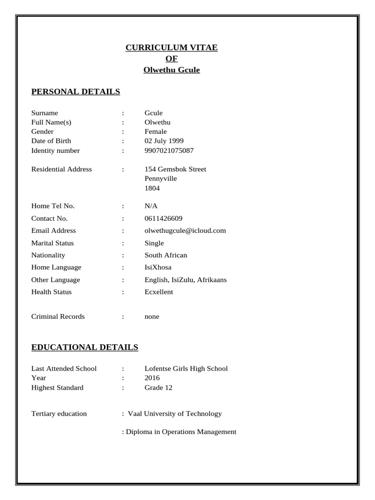 Curriculum Vitae Banele | PDF