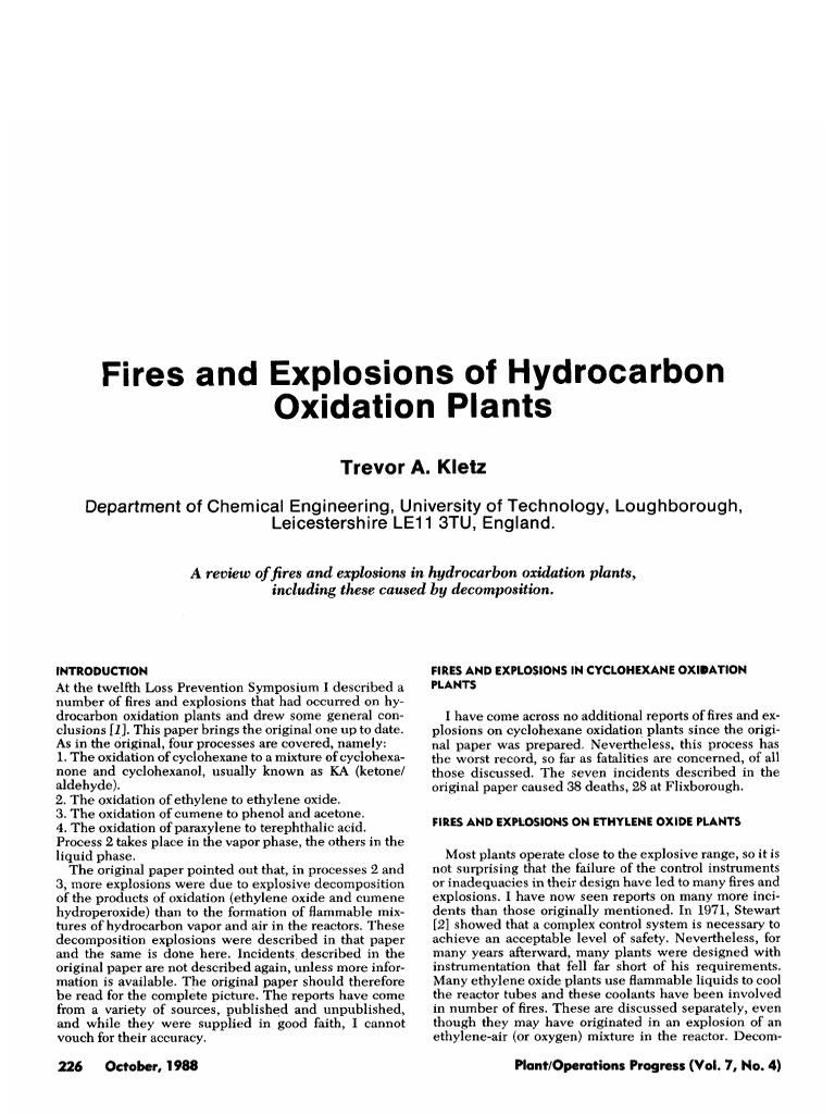 Fires and Explosions Hydrocarbon Oxidation Plants: Trevor A. Kletz ...