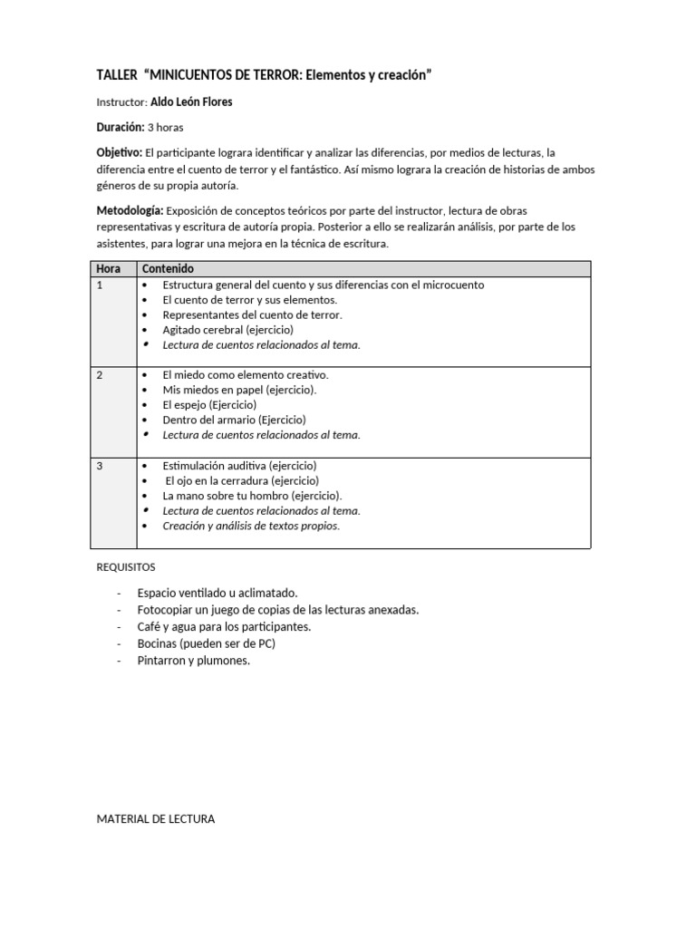 Taller. Microcuentos de Terror | PDF | Ficciones de misterio, "thriller" y crimen