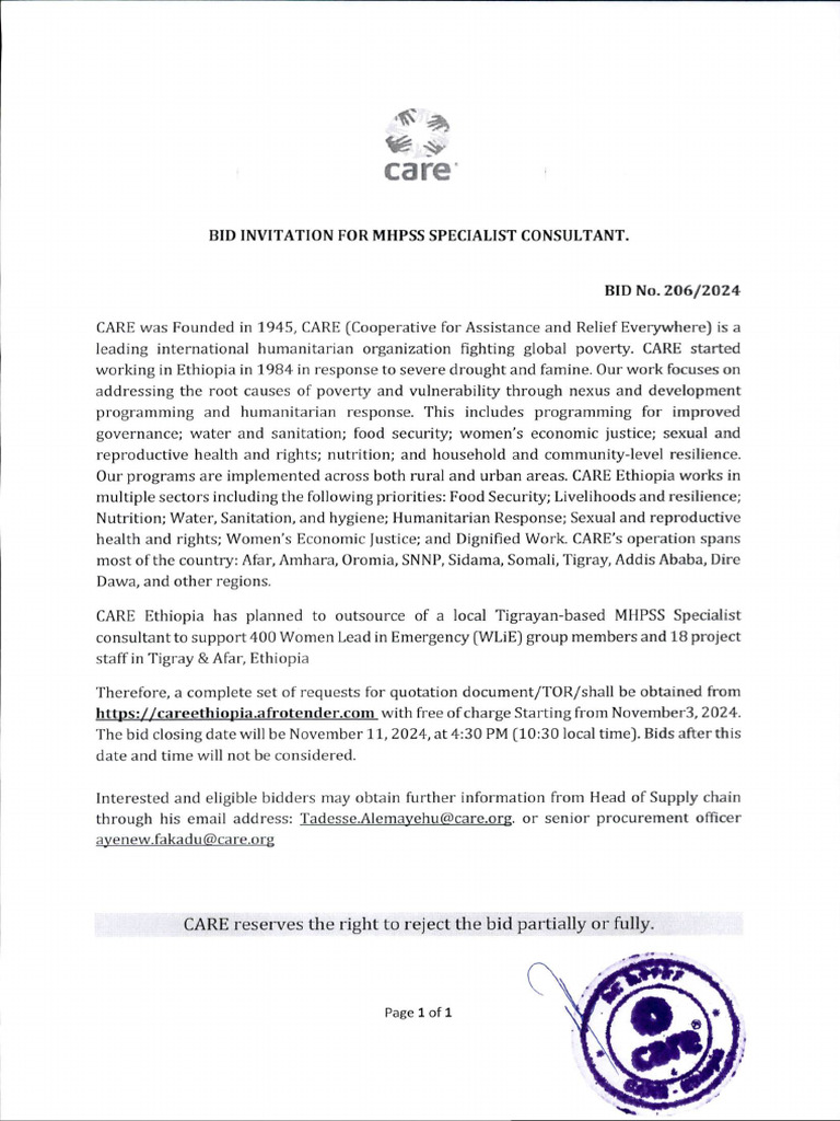 Bid Invitation Letter For MHPSS Specialist Consultant | PDF