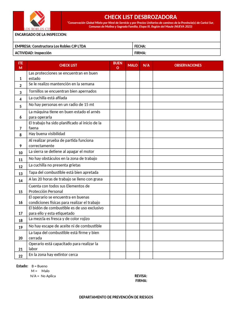 Check List de Mantenimiento de Maquinaria | PDF