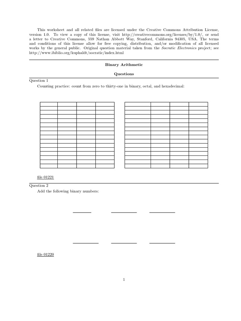Binary Arithmetic Worksheet | PDF | Numbers | Bit