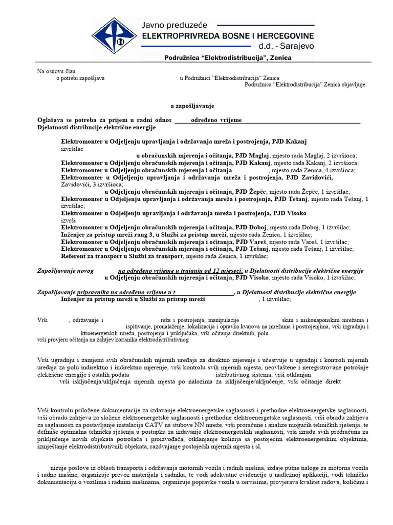 Oglas Za Zaposljavanje Radnika Na Neodredjeno I Odredjeno Vrijeme - ED Zenica | PDF