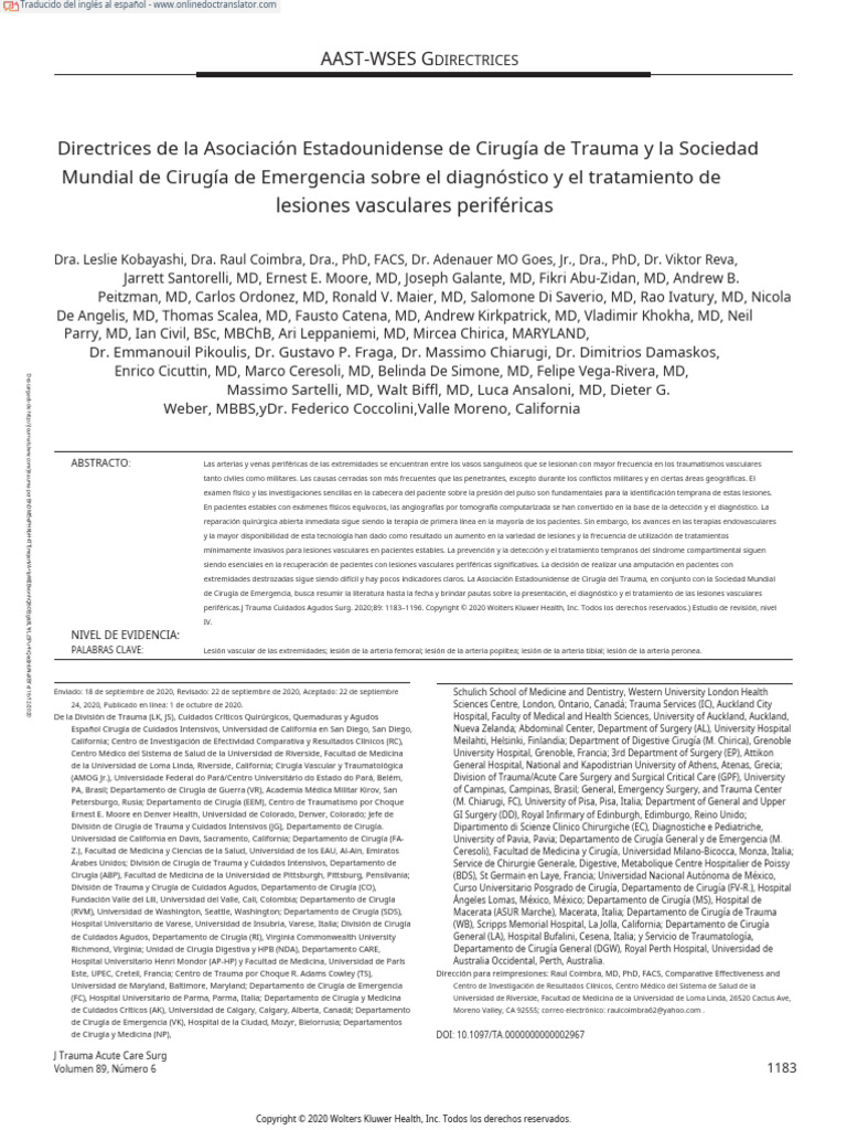 WSES Diagnosis and Management of Peripheral Vascular Injuries - En.es | PDF | Angiografía | Terapia