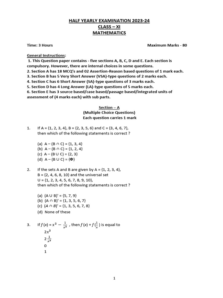 S6 - Mathematics - Half Yearly - 23 | PDF | Multiple Choice | Mathematics