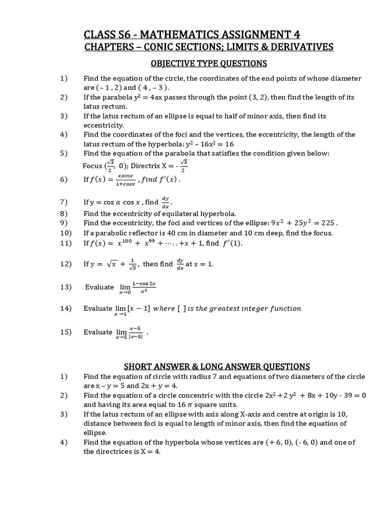 Class S6 Math: Conics, Limits & Derivatives | PDF | Ellipse | Analytic Geometry