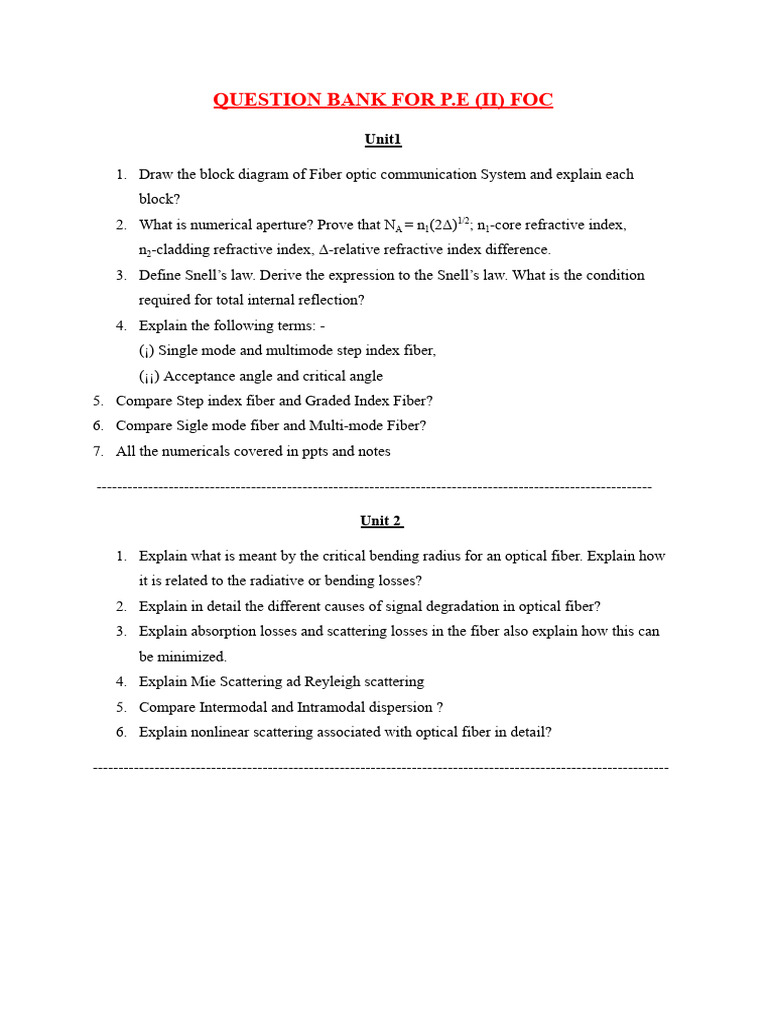 Question Bank - FOC | PDF | Wavelength Division Multiplexing | Optical Fiber
