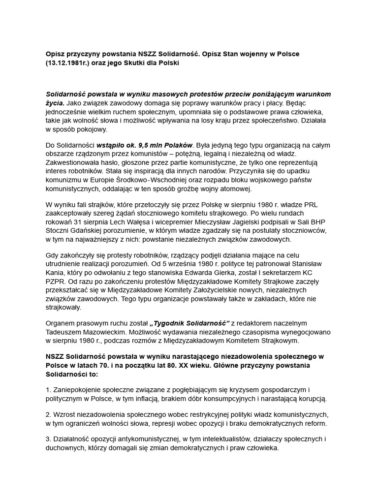 Opisz Przyczyny Powstania NSZZ Solidarność. Opisz Stan Wojenny W Polsce ...
