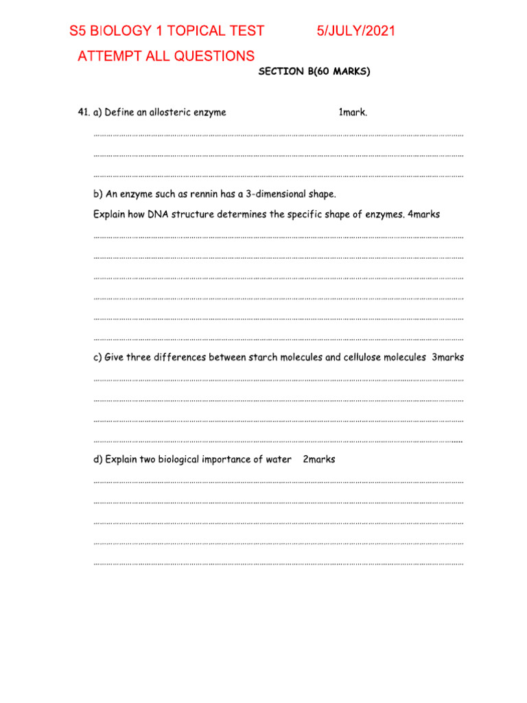 Biology Pp1 s.5 Topical Test | PDF