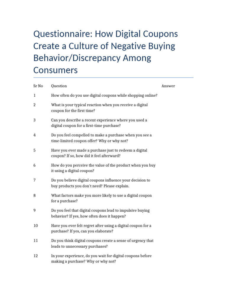 Questionnaire On Digital Coupons Behavior | PDF | Self-Improvement ...