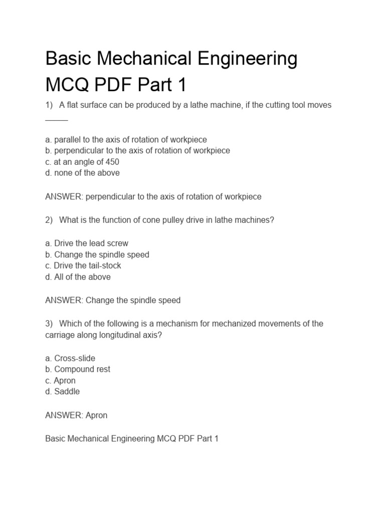 Basic Mechanical Engineering MCQ PDF Part 1 | PDF | Strength Of ...