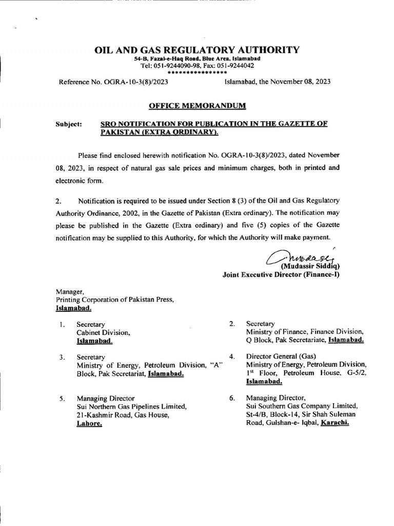 OGRA Gas Price Notification 2023 | PDF | Karachi