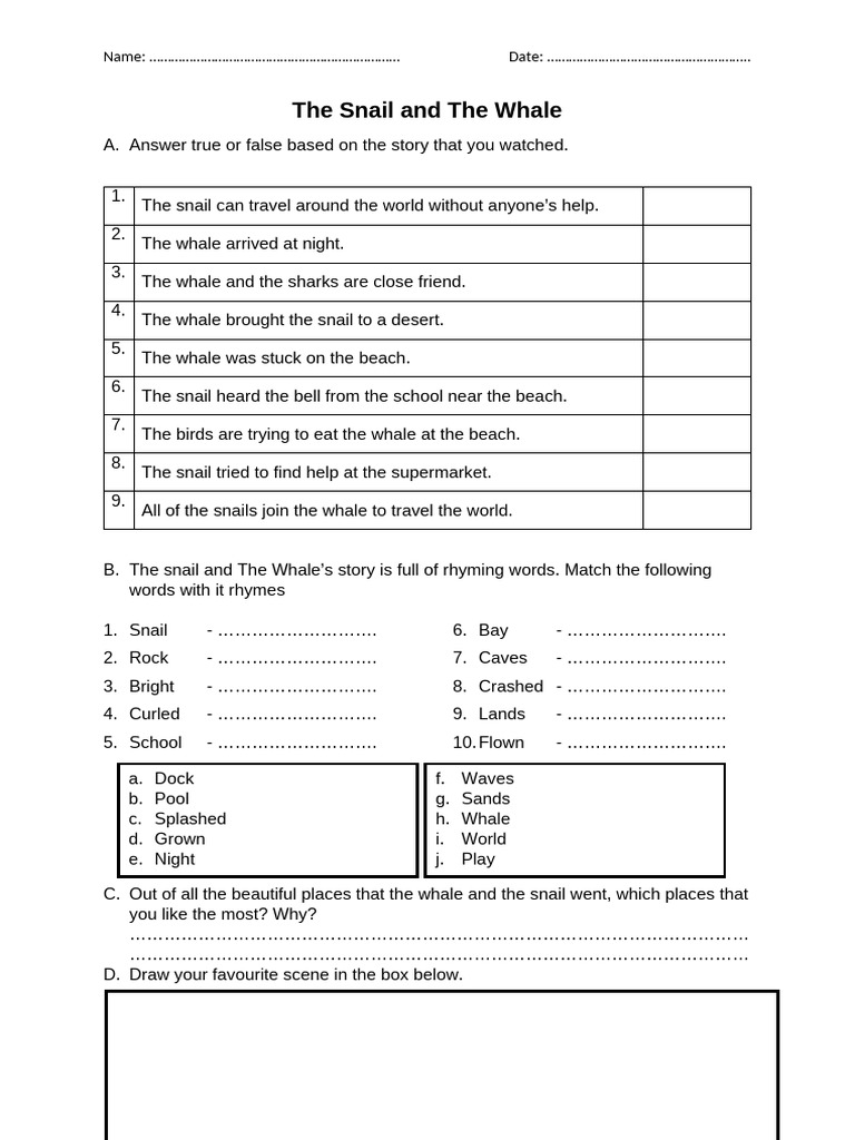 Snail and Whale Activity Worksheet | PDF