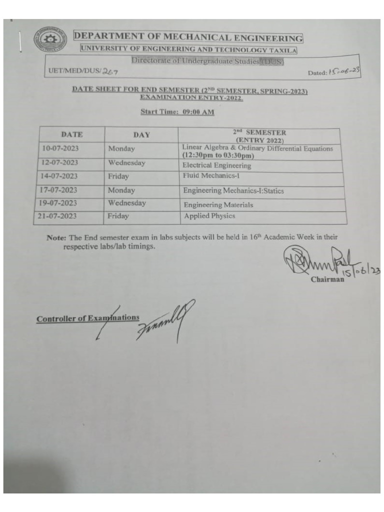 End Semester-Date Sheet-Spring-23 (2nd Semester) | PDF
