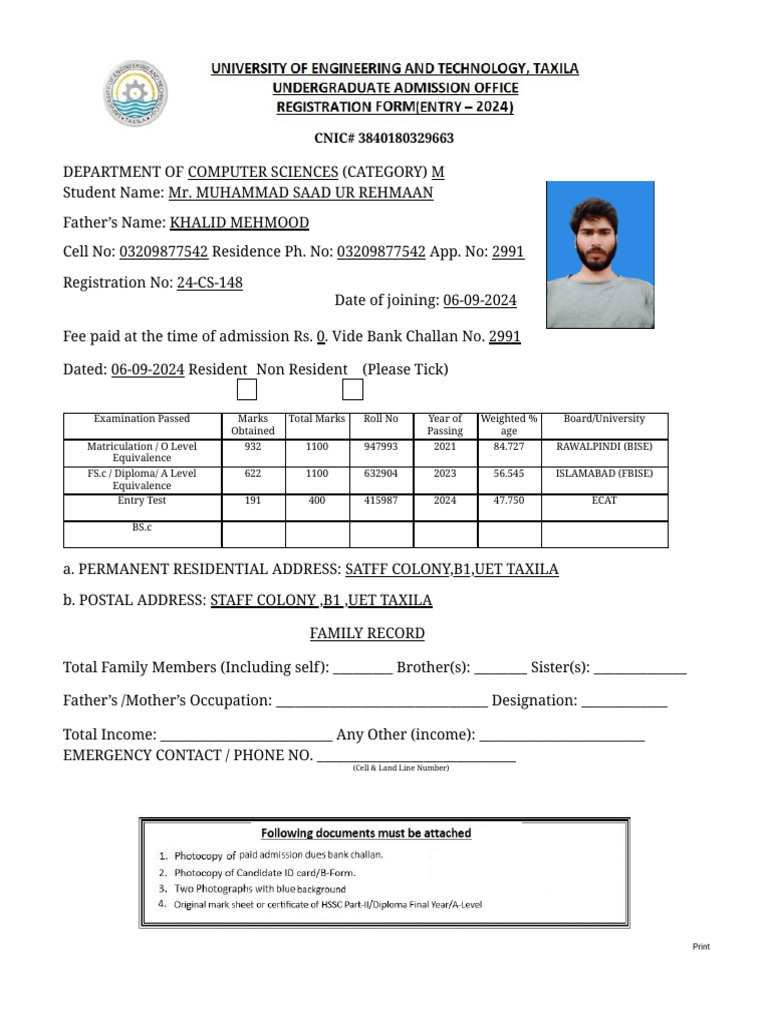 Registeration Card Form | PDF