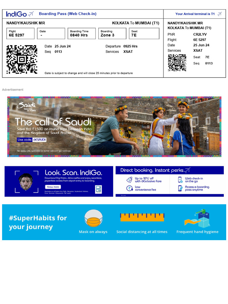 6E 5297 0840 Hrs Zone 3 7E: Boarding Pass (Web Check In) | PDF