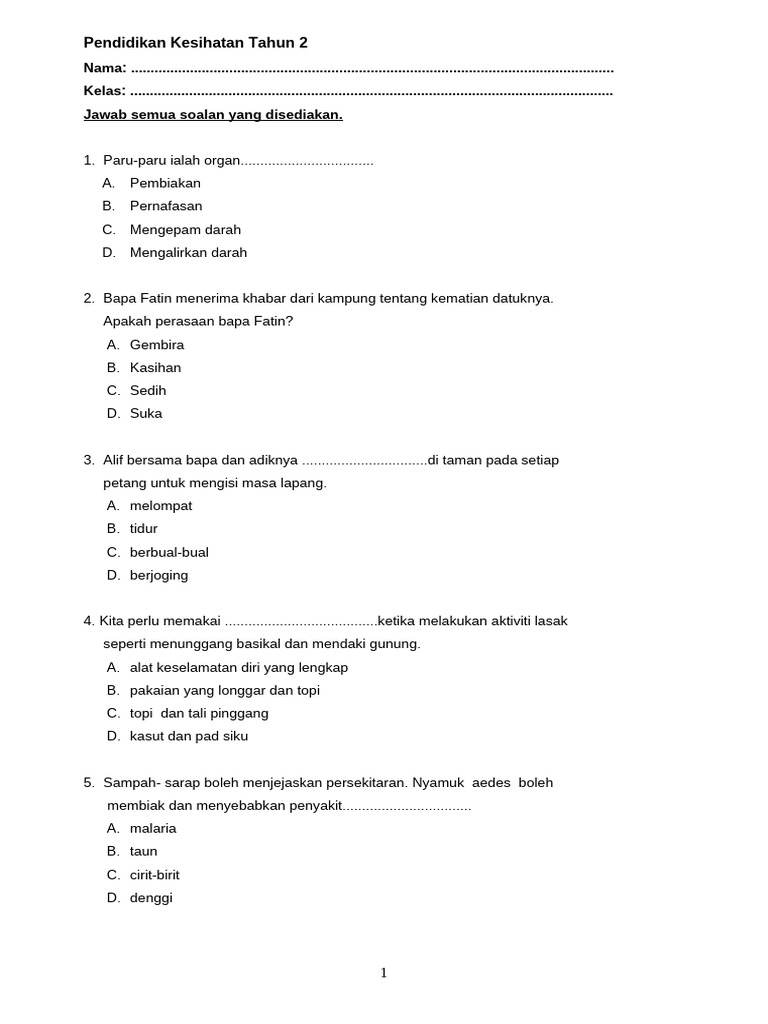 Soalan PJK Tahun 2 Exam 4 | PDF
