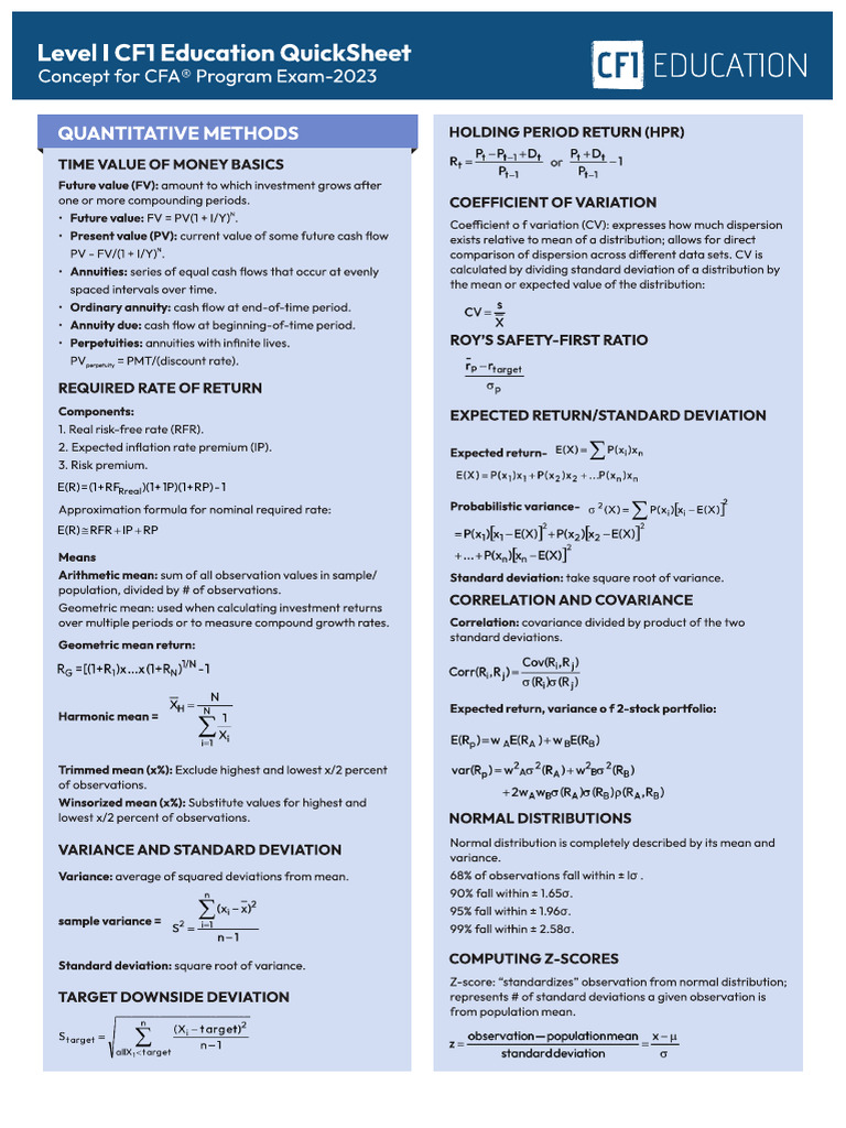 CFI Education CFA Level I 2023 Quick Sheet | PDF