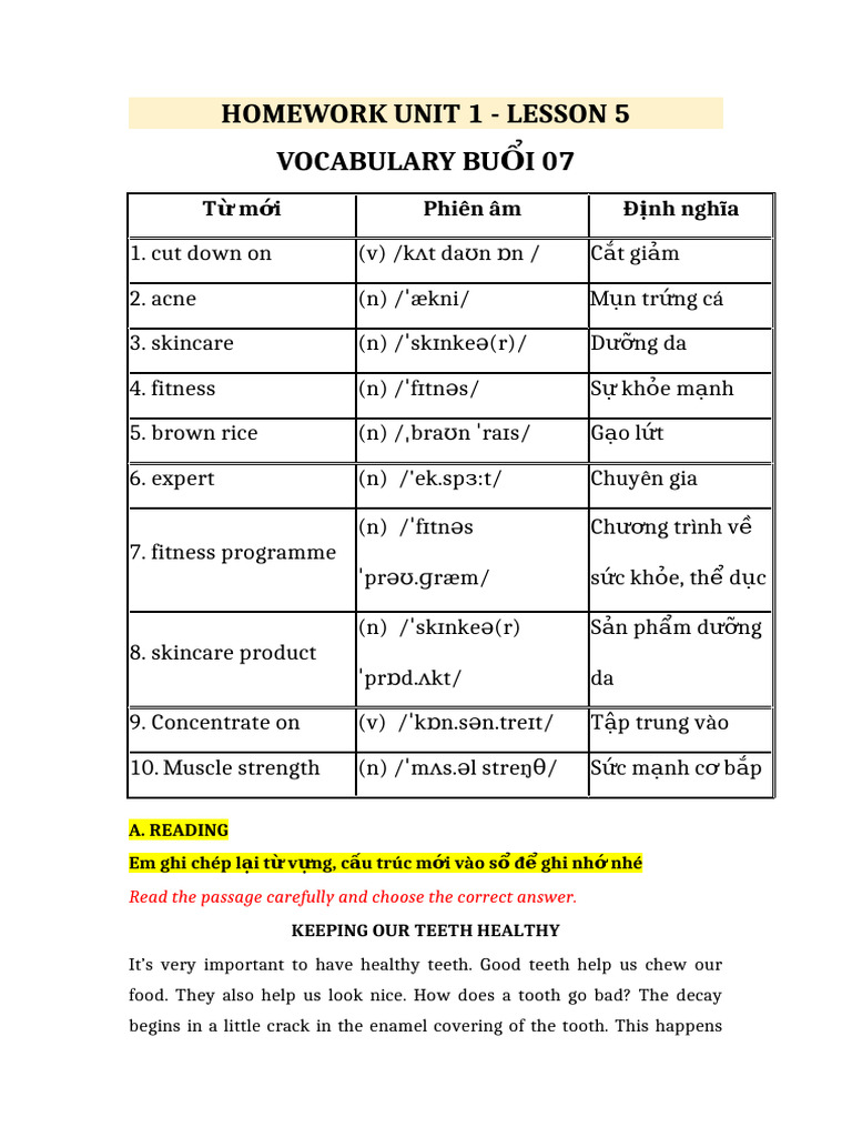Unit 1 - Lesson 5 - Listening | PDF | Toothbrush | Foods