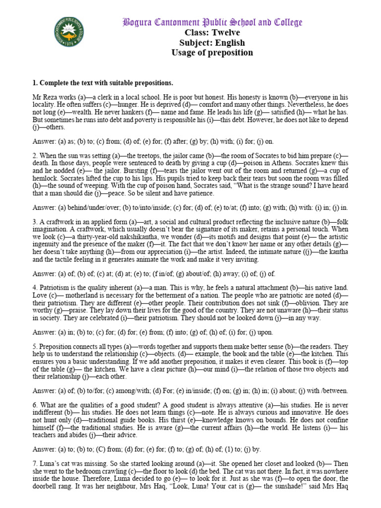 Preposition Exercises for Class 12 | PDF | River | Chlorofluorocarbon
