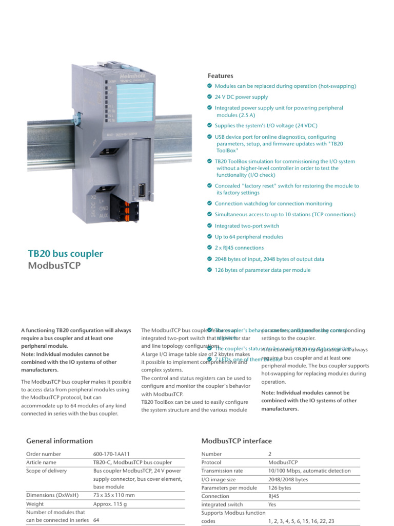 TB20 Bus Coupler - Bus Couplers - Distributed Fieldbus I - O System ...
