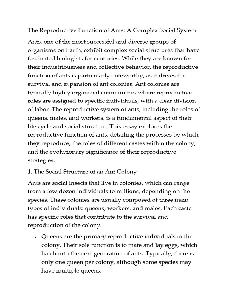 Essay - Reproductive Function of Ants | PDF | Eusociality | Ant