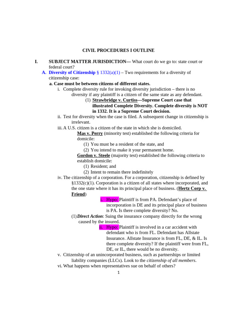 Civil Procedures I Outline | PDF | Diversity Jurisdiction | Personal ...