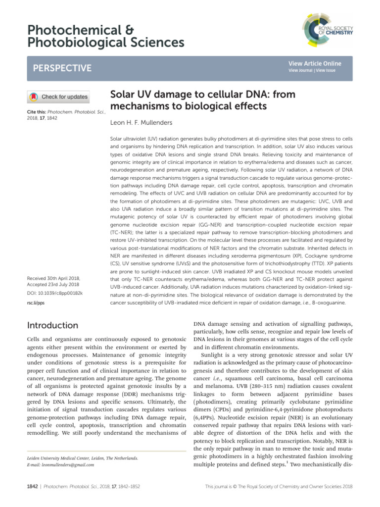 Photochemical & Photobiological Sciences: Solar UV Damage To Cellular ...