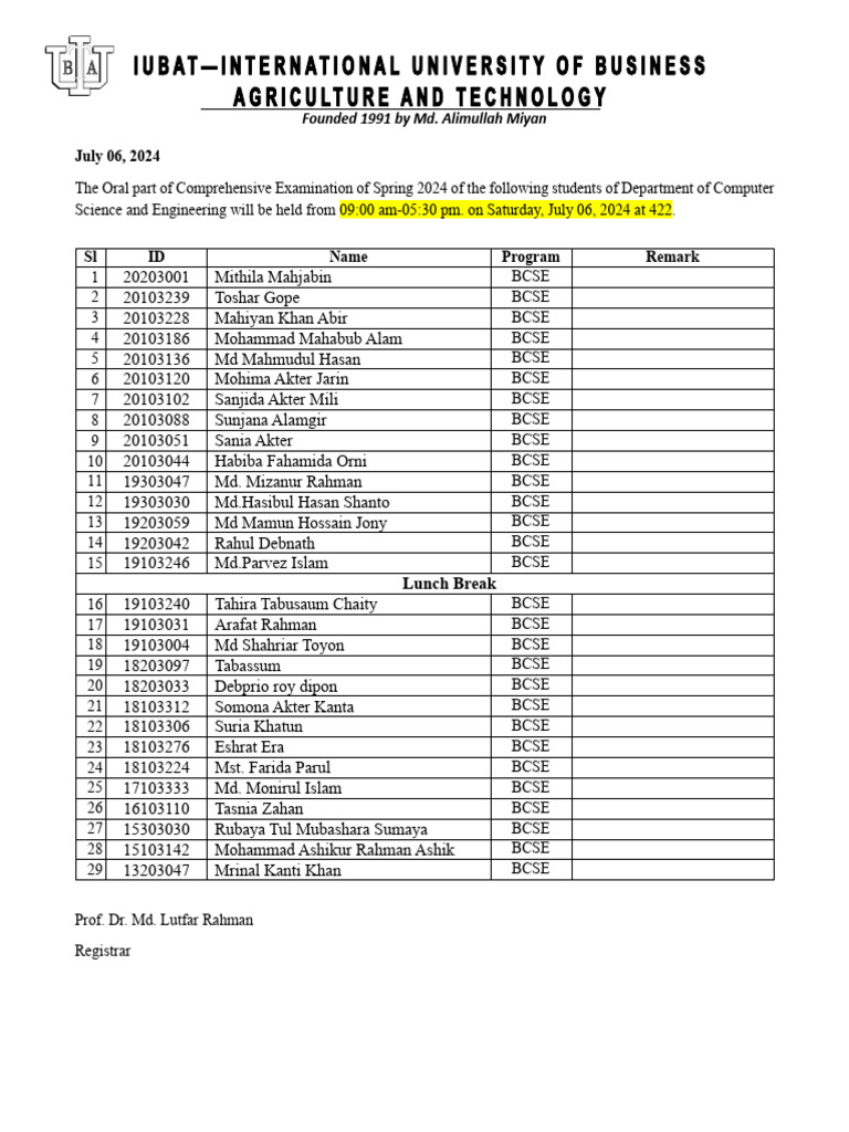 Comprehensive Viva Schedule Spring 2024 | PDF | Bangladesh