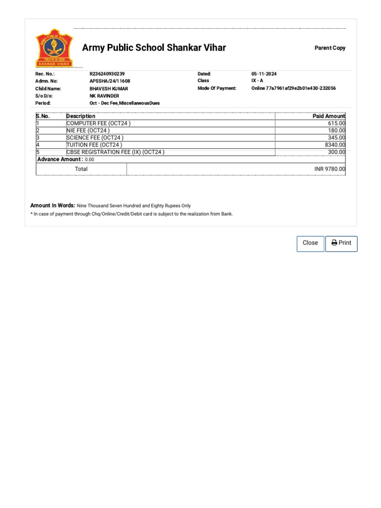 Https Erp - Awesindia.edu - in FeeReceipts PrintFeeReceiptParent | PDF