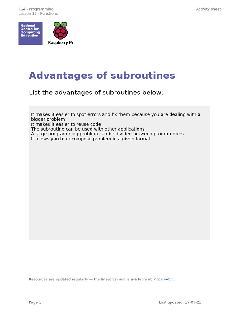 A0 Worksheet - Advantages of Subroutines | PDF