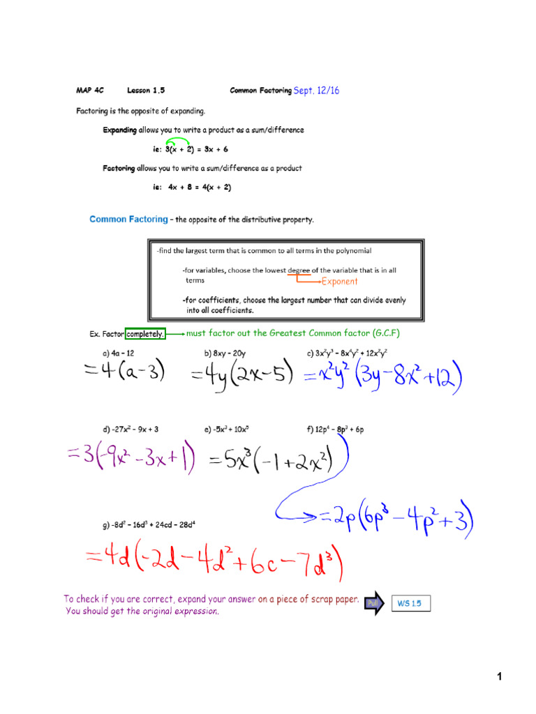 4C 1.5 Notes - Common Factoring | PDF
