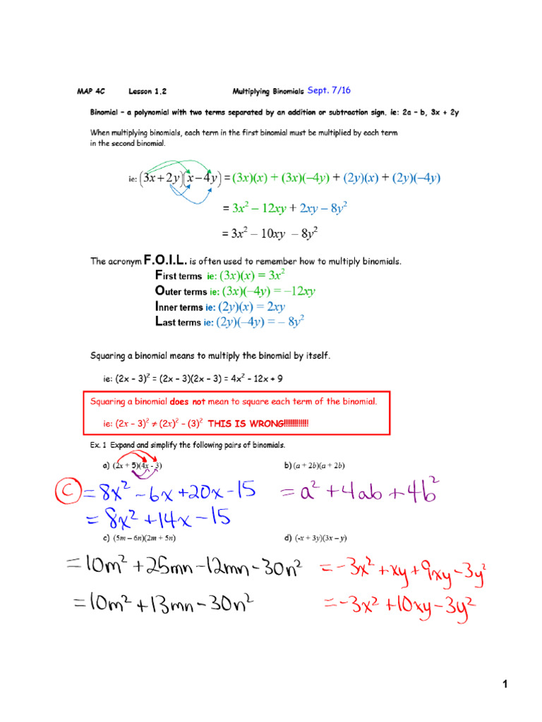 4C 1.2 Notes - Multiplying Binomials | PDF
