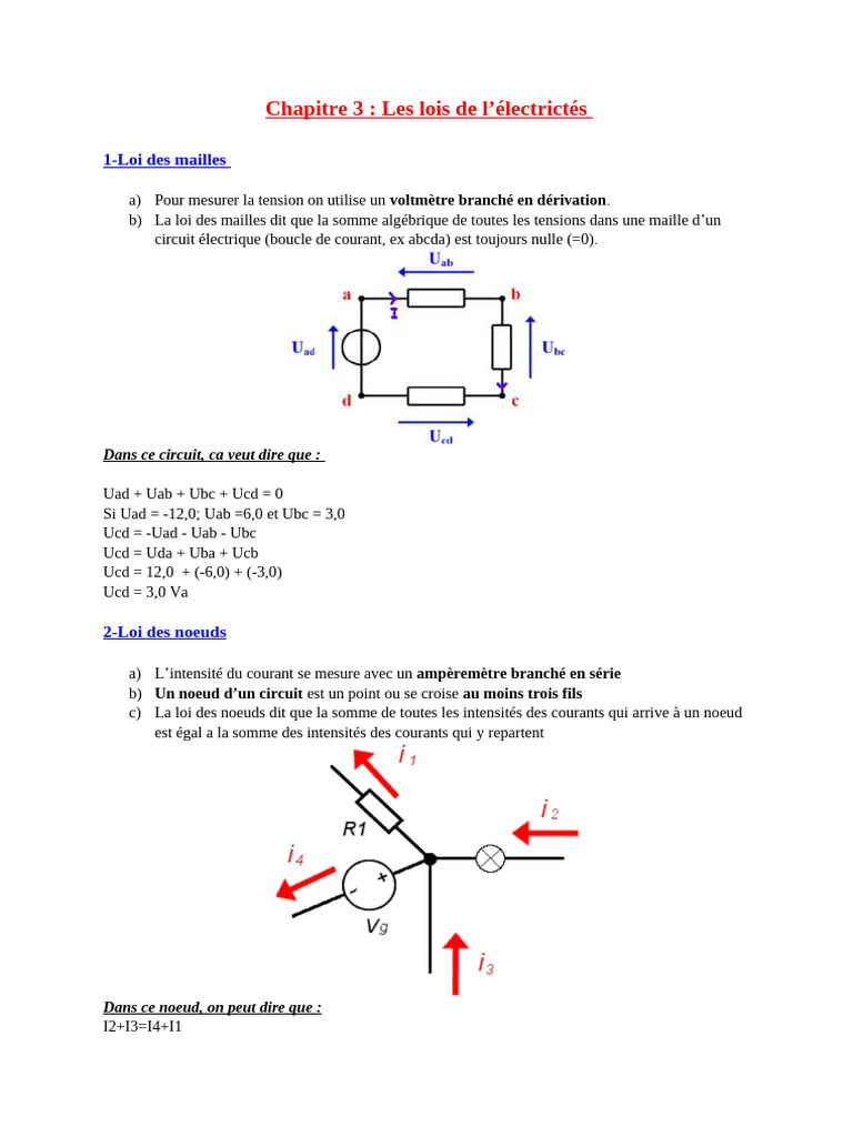 Chapitre 3 - Loi Des Noeuds, Loi D'ohm, Loi Des Mailles | PDF ...