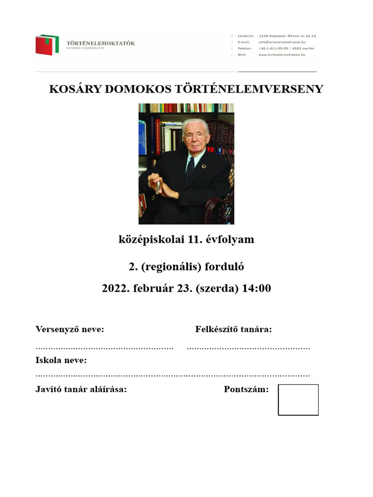 Kosáry Domokos Történelemverseny 2021-22 Regionális Középiskolai 11 ...