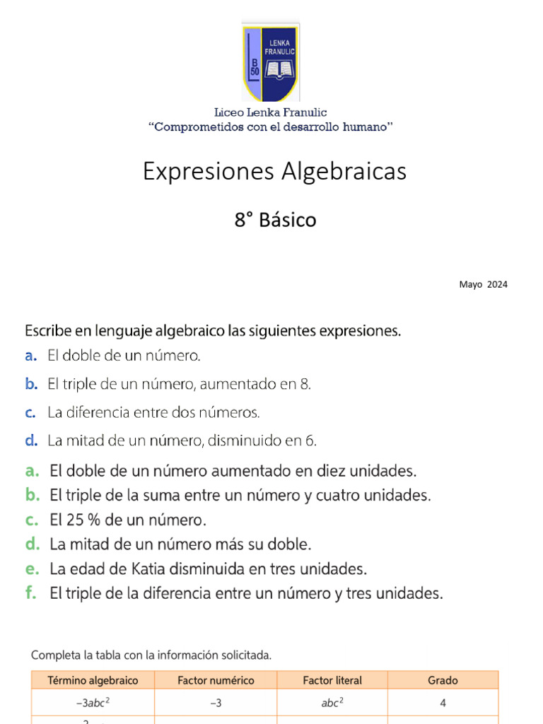 Ejercicios de Clase Expresiones Algebraicas Octavo Basico | PDF
