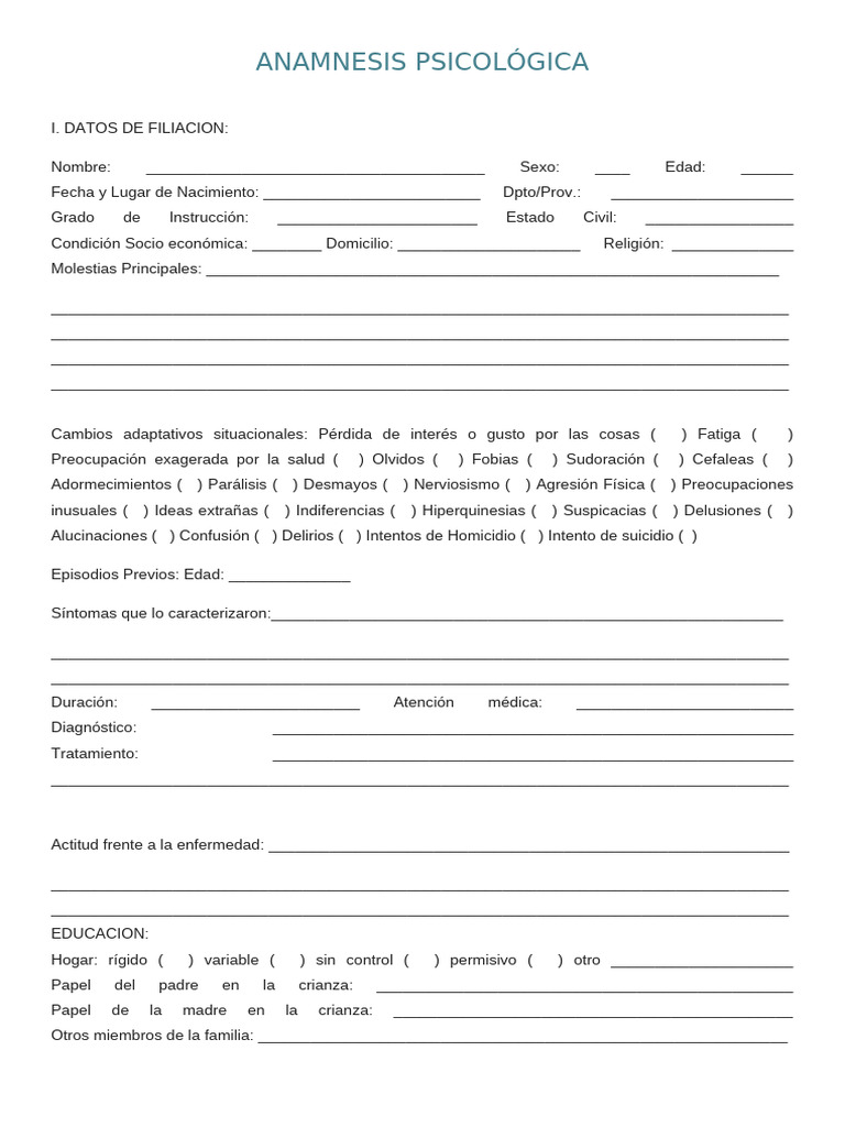 Modelo Anamnesis Psicológica. Sesion Nro 5 | PDF