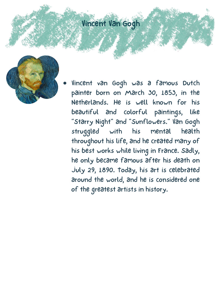 Van Gogh Portrait in Oil Pastel Art Worksheet in Teal Blue Illustrative ...